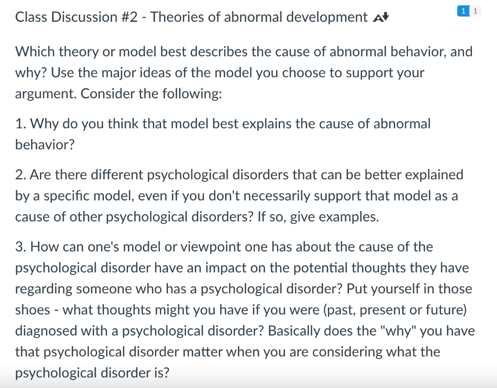 1 1 Class Discussion #2 - Theories of abnormal | Chegg.com