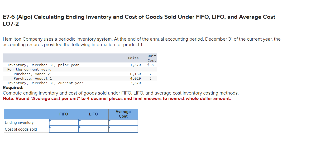 Solved E7-6 (Algo) Calculating Ending Inventory and Cost of | Chegg.com