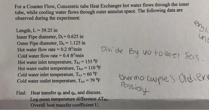 Solved For a Counter Flow, Concentric tube Heat Exchanger | Chegg.com