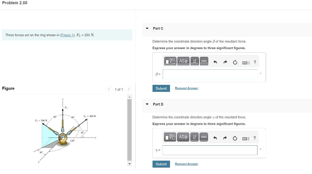 Solved Three forces act on the ring shown in (Egure 1), | Chegg.com