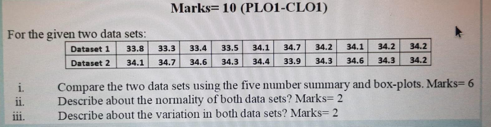 Solved Marks= 10 (PLO1-CLO1) For the given two data sets: | Chegg.com