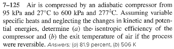 Solved 7-125 Air is compressed by an adiabatic compressor | Chegg.com
