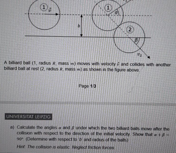 Solved 2) V2 A billiard ball (1, radius R, mass m) moves | Chegg.com