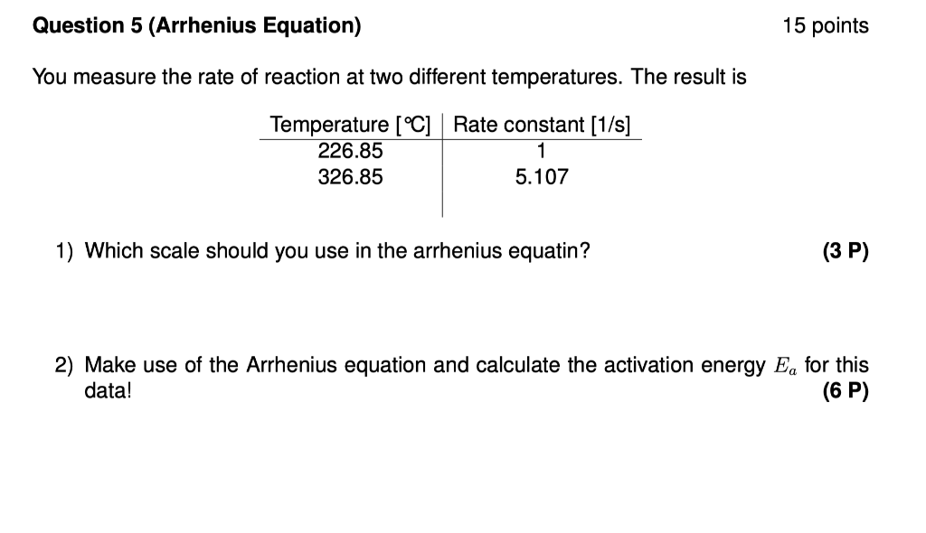 Solved Question 5 (Arrhenius Equation) 15 points You measure | Chegg.com