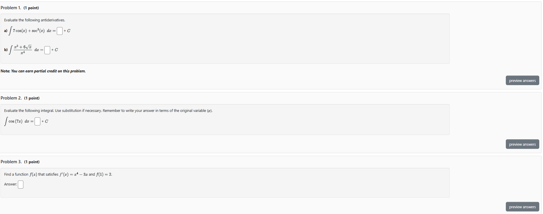Solved Problem 1. (1 ﻿point)Evaluate the following | Chegg.com