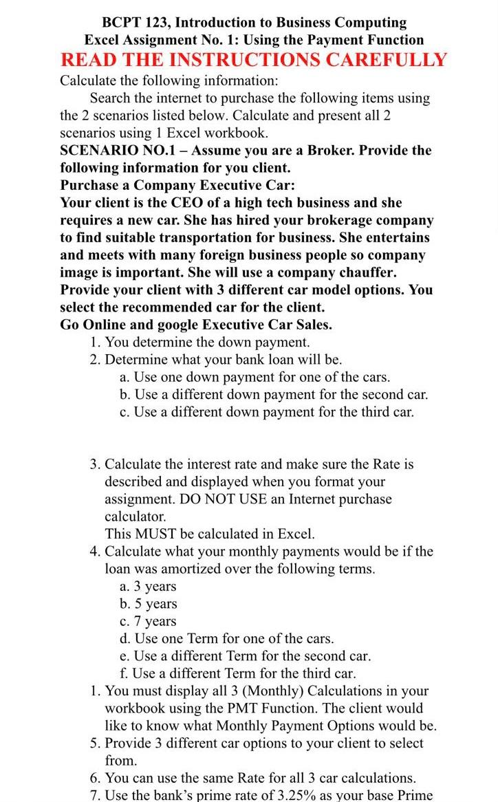 BCPT 123, Introduction to Business Computing Excel | Chegg.com