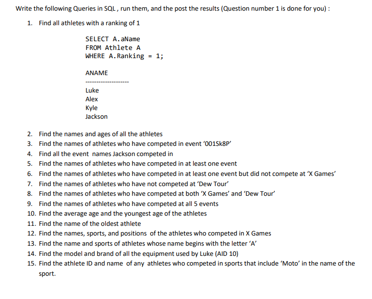 Solved Athlete (aID NUMBER, aName VARCHAR2(20),Ranking | Chegg.com
