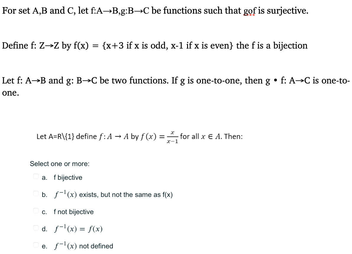 Solved For set A,B and C, let f:A→B,g:B→C be functions such | Chegg.com