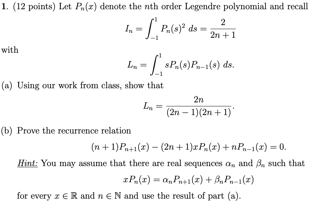 Solved 1. (12 points) Let Pn (x) denote the nth order | Chegg.com