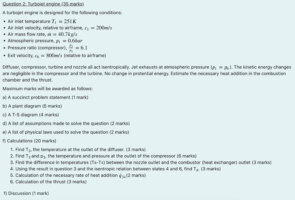 Solved Question 2: Turbojet engine (35 marks). A turbojet | Chegg.com