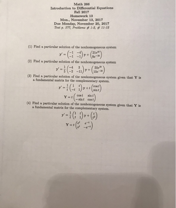 Solved Math 266 Introduction to Differential Equations Fall | Chegg.com
