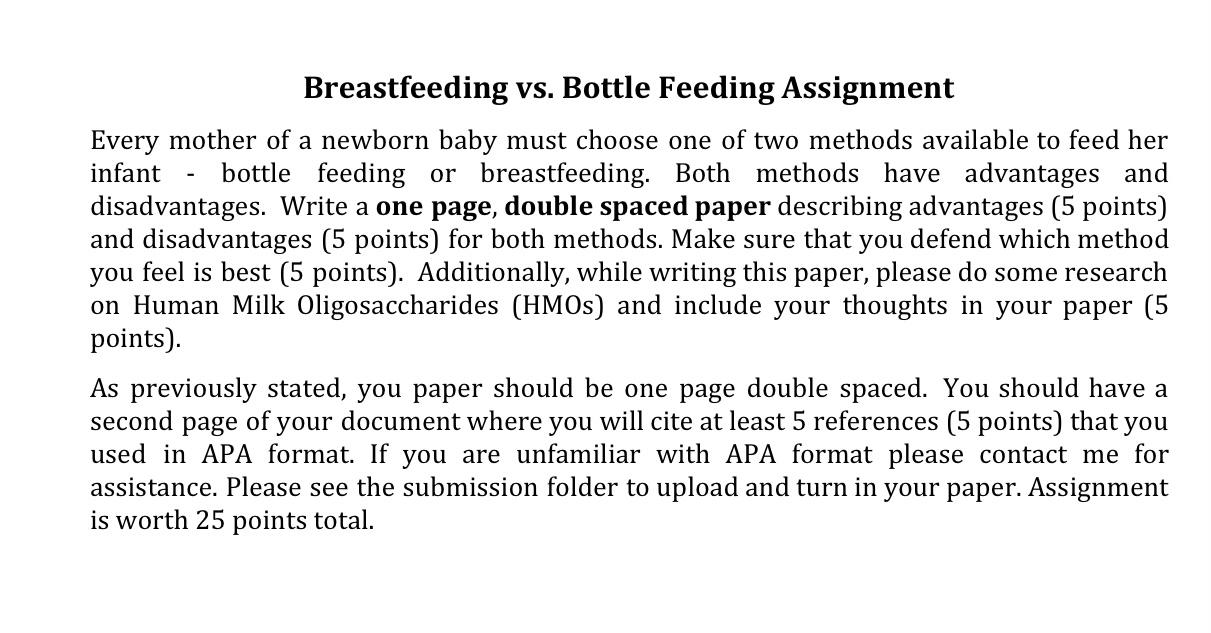Solved Breastfeeding vs. Bottle Feeding Assignment Every | Chegg.com