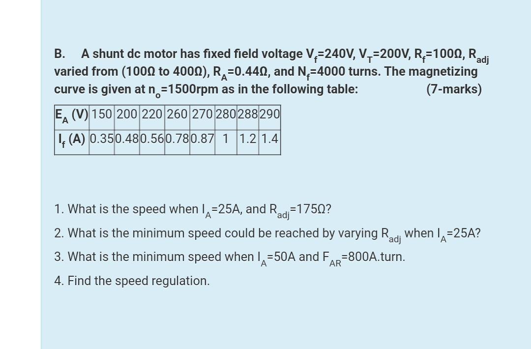 Solved B. A shunt dc motor has fixed field voltage V=240V, | Chegg.com