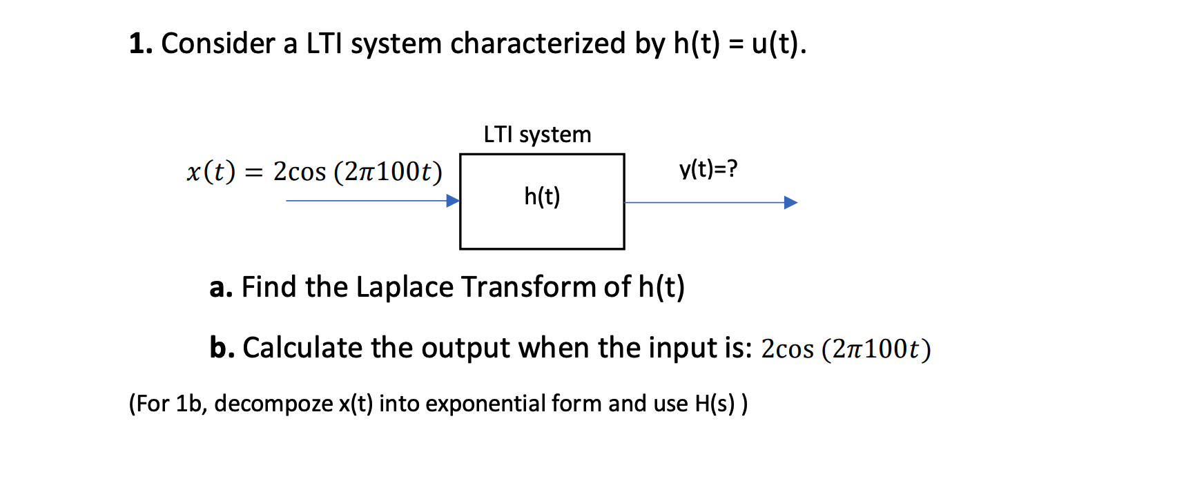 Solved 1. Consider a LTI system characterized by h(t) = | Chegg.com