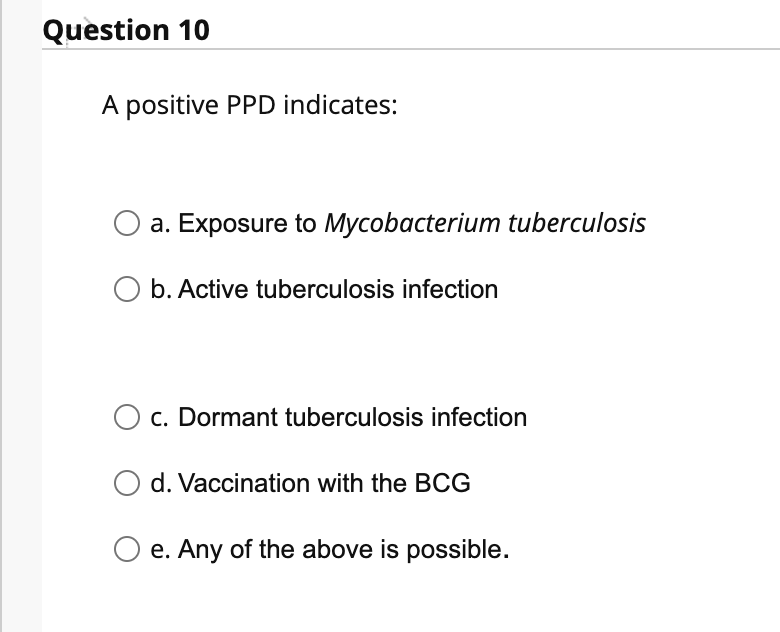 Solved Question 10 A positive PPD indicates: a. Exposure to | Chegg.com