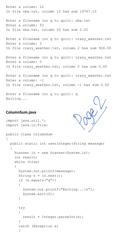 Task 4 (15 pts.) File ColumnSum.java given below | Chegg.com