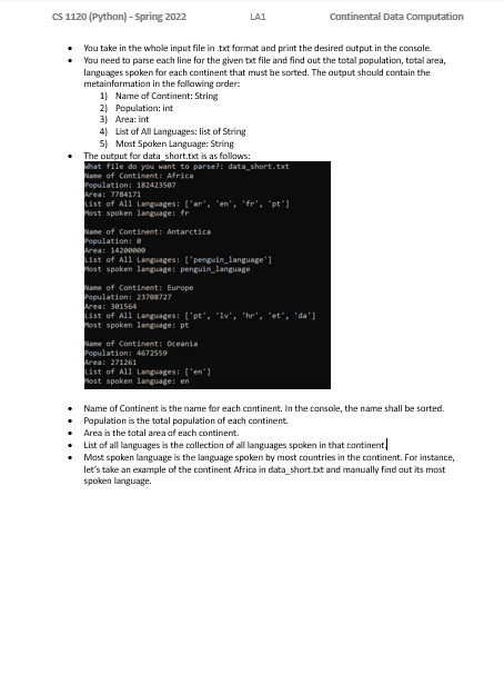 Solved CS 1120 (Python) - Spring 2022 LA1 Continental Data | Chegg.com