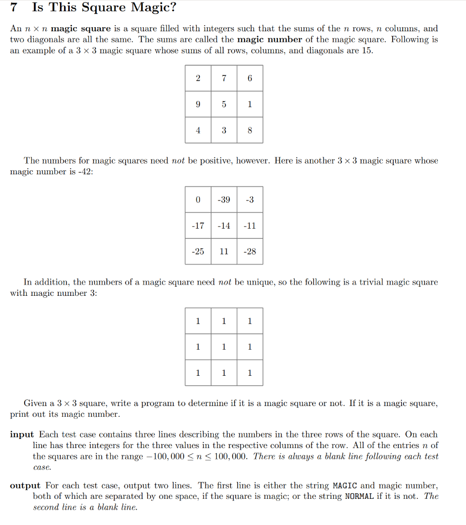 Solved An n×n magic square is a square filled with integers | Chegg.com