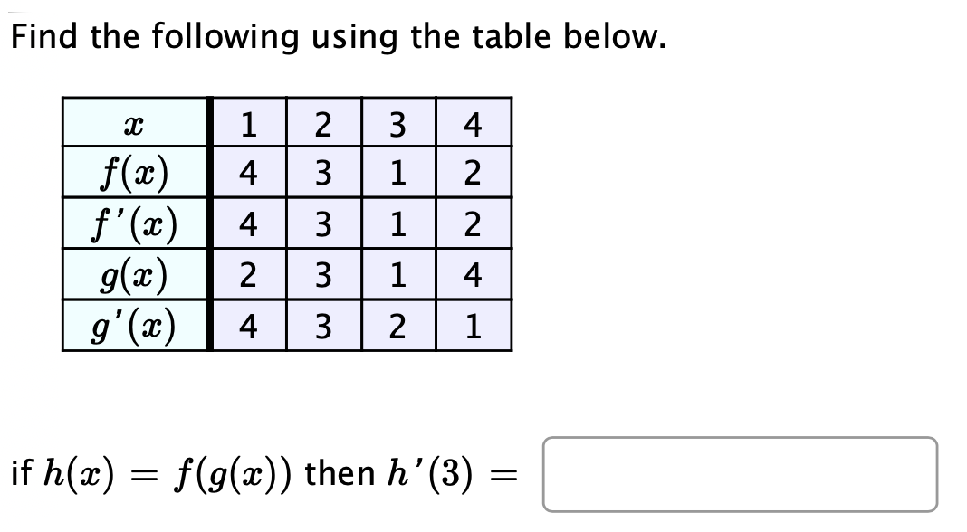 Solved Find the following using the table below. 1 2 3 1 4 2 | Chegg.com