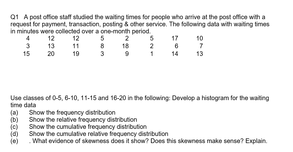 Solved Q1. A post office staff studied the waiting times for | Chegg.com