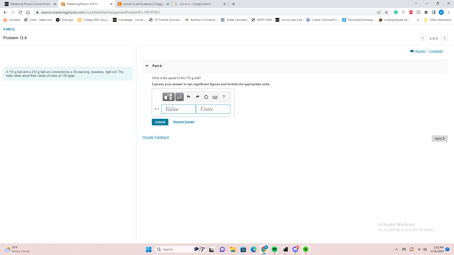 Solved A 110 g ball and a 210 g ball are connected by a | Chegg.com