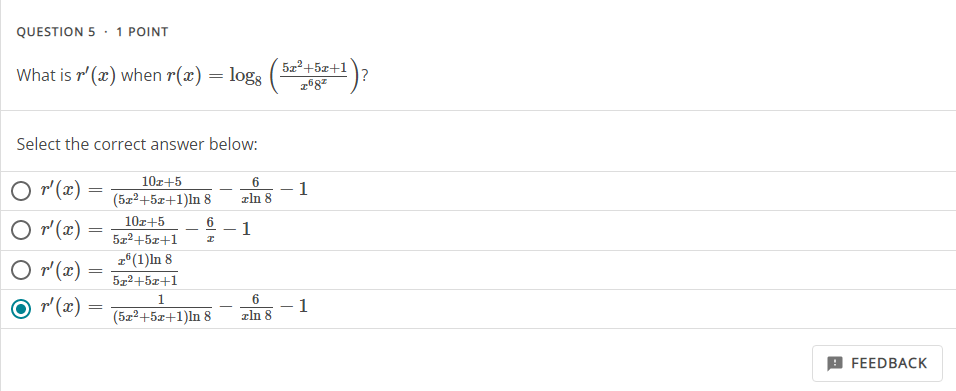Solved What is r′(x) when r(x)=log8(x68x5x2+5x+1)? Select | Chegg.com