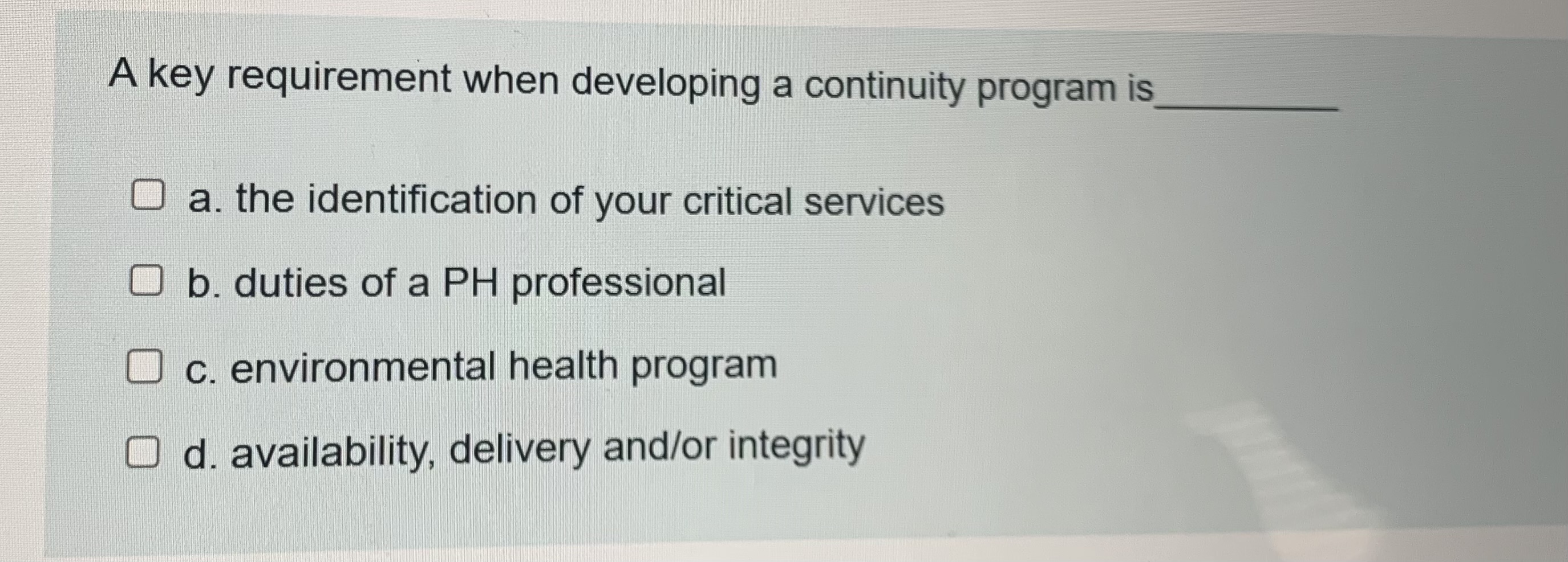 Solved A key requirement when developing a continuity | Chegg.com