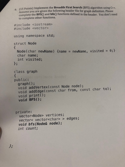Solved (15 Points) Implement the Breadth First Search (BFS) | Chegg.com