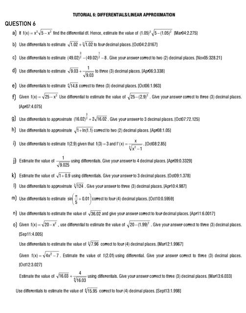 Solved TUTORIAL 6: DIFFERENTIALS/LINEAR APPROXIMATION | Chegg.com