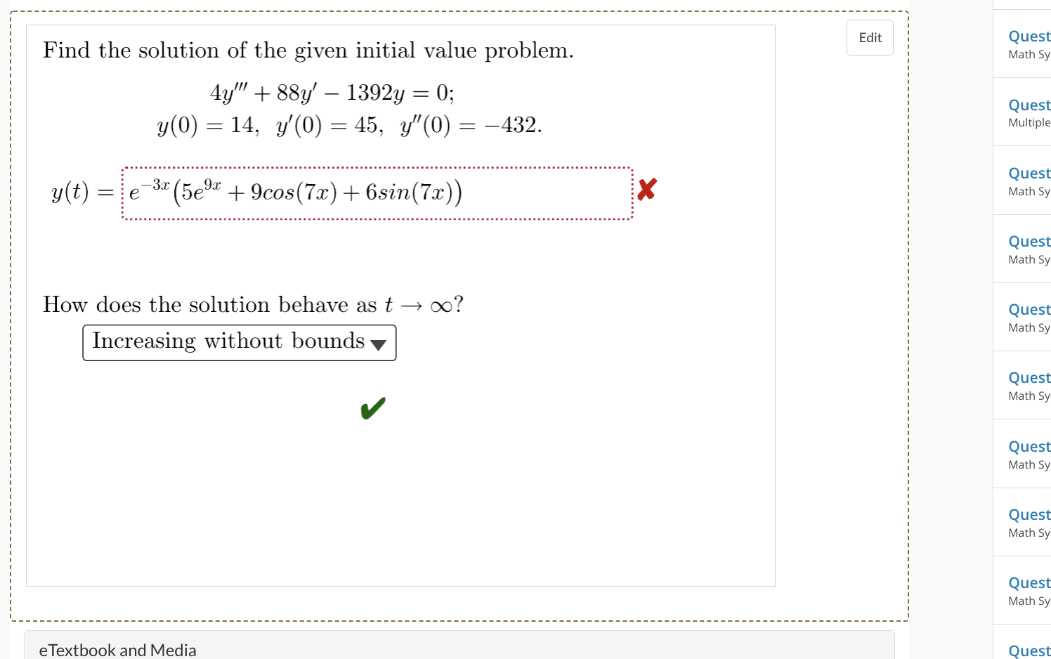 Solved Edit Quest Math Sy Find the solution of the given | Chegg.com