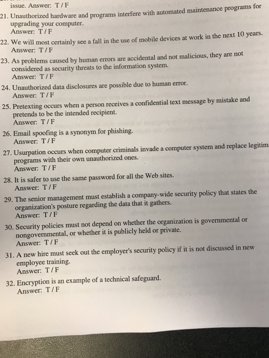 Solved issue. Answer: T/F 21. Unauthorized hardware and | Chegg.com