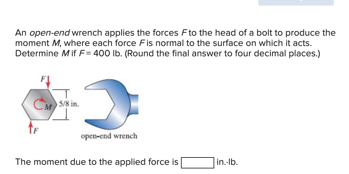 Solved An open-end wrench applies the forces F to the head | Chegg.com