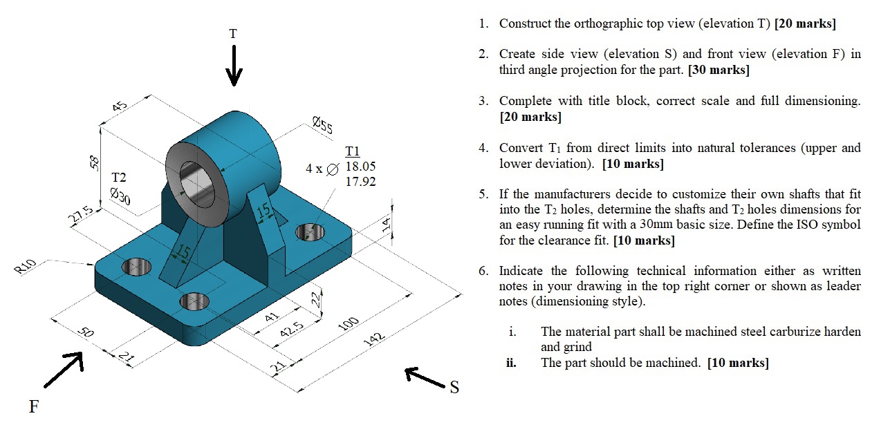 Solved 1. Construct the orthographic top view (elevation T ) | Chegg.com