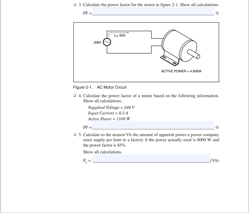 Solved 3. Calculate the power factor for the motor in figure | Chegg.com