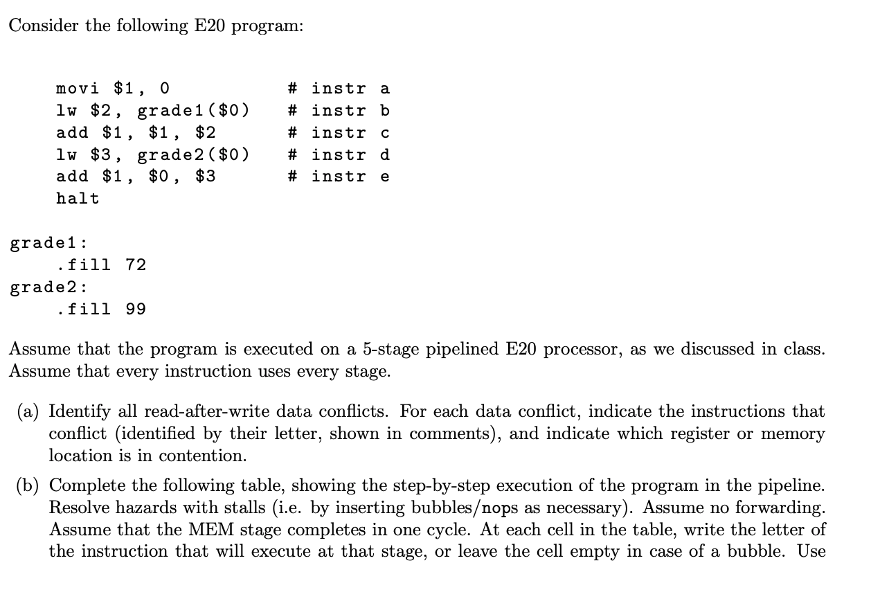 Solved Consider the following E20 program: movi $1, 0 lw $2, | Chegg.com
