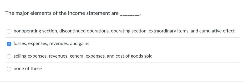 Solved The major elements of the income statement are_.._. | Chegg.com
