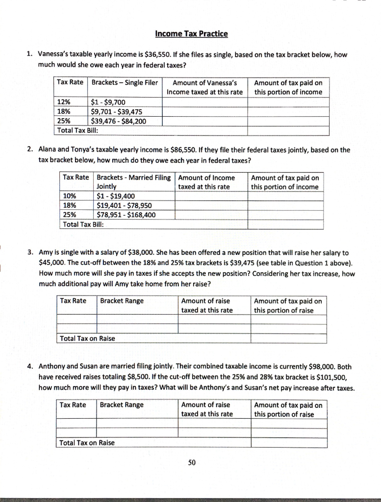 Solved Income Tax Practice 1. Vanessa's taxable yearly | Chegg.com