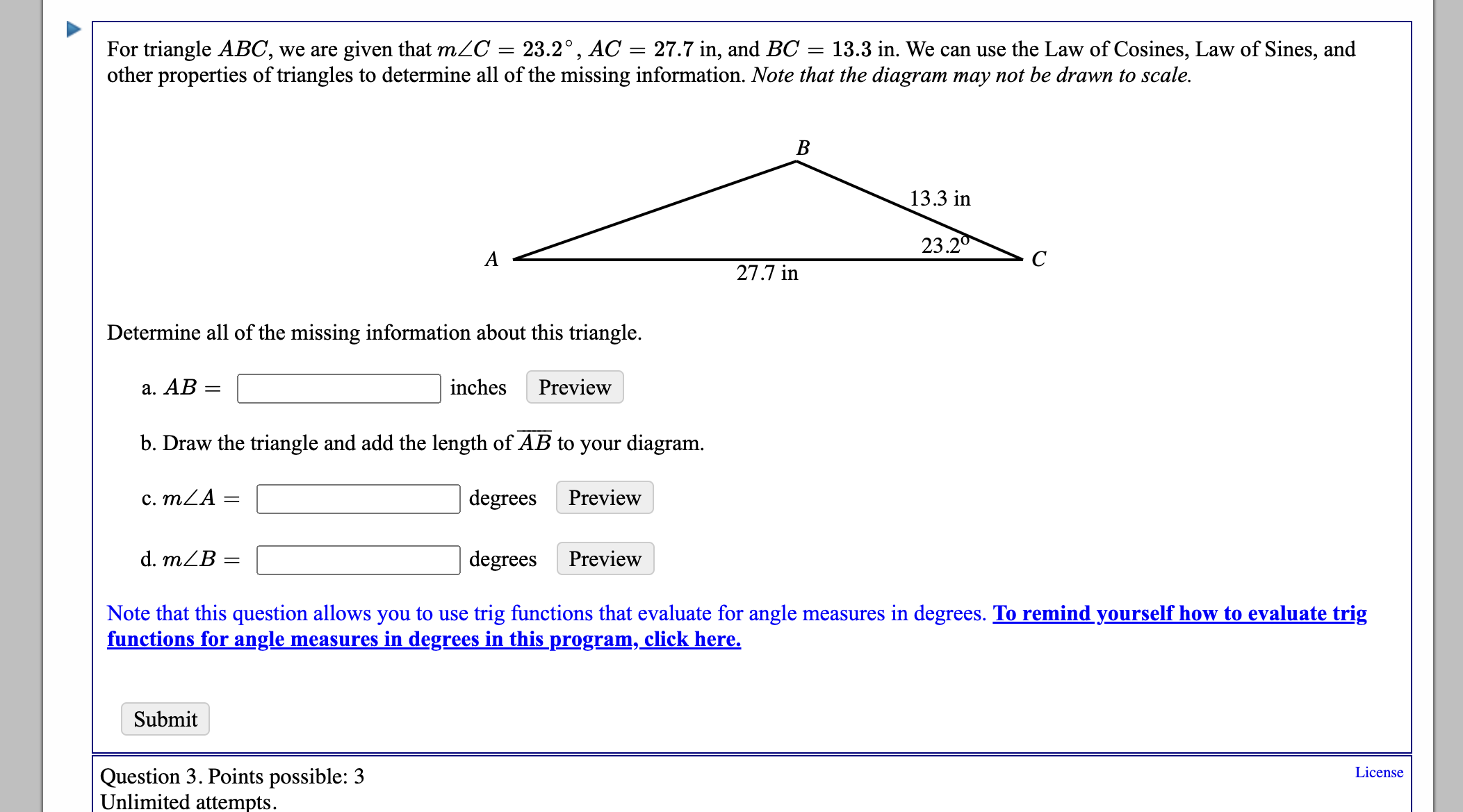 Solved For triangle ABC, we are given that m?C=23.2°,AC=27.7 | Chegg.com