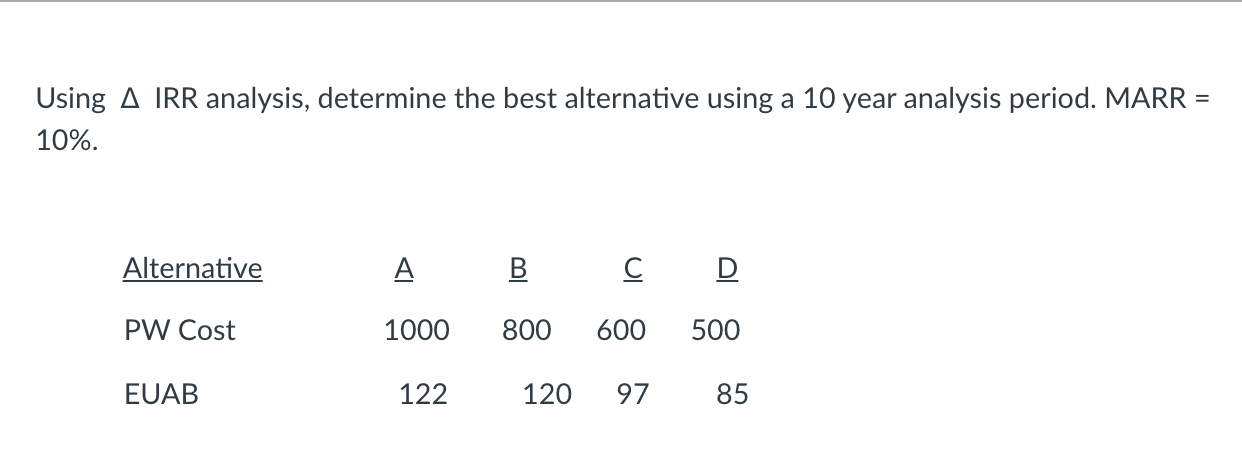 Solved Using A IRR analysis, determine the best alternative | Chegg.com