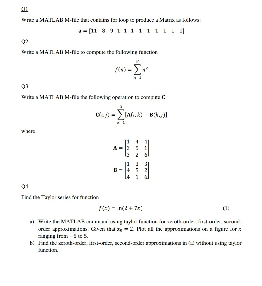 Solved 01 Write a MATLAB M-file that contains for loop to | Chegg.com