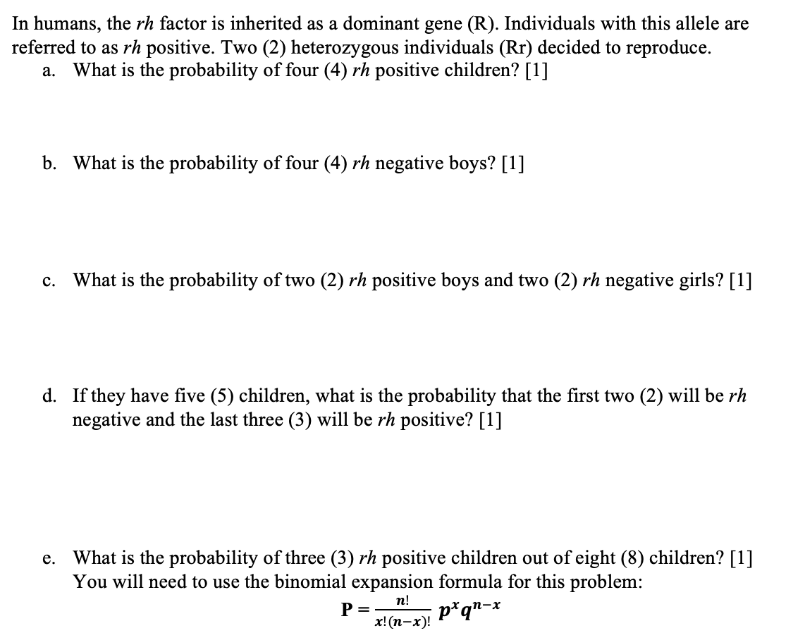 Solved In humans, the rh factor is inherited as a dominant | Chegg.com