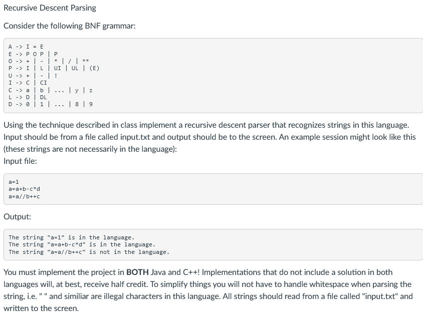 Solved Recursive Descent Parsing Consider the following BNF | Chegg.com