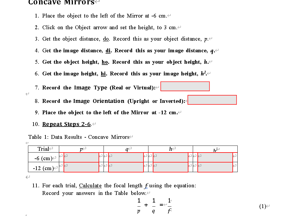 Solved Concave and Convex Mirrors Concave Mirror: 2f>do >f 1 | Chegg.com