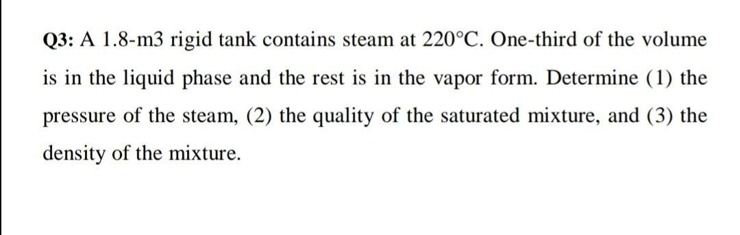 Solved Q3: A 1.8-m3 rigid tank contains steam at 220°C. | Chegg.com
