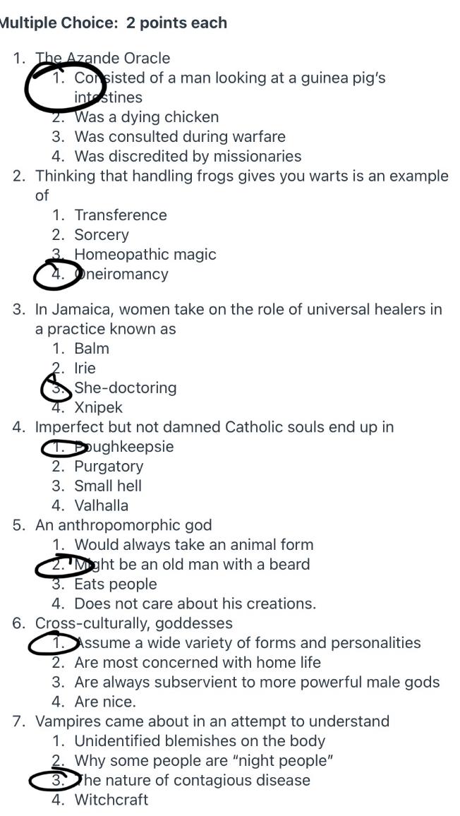 Solved Multiple Choice: 2 points each 1. The Azande Oracle | Chegg.com