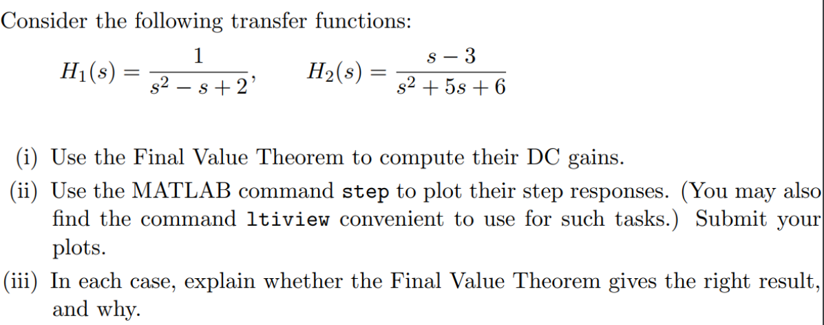 Solved Consider the following transfer functions: | Chegg.com