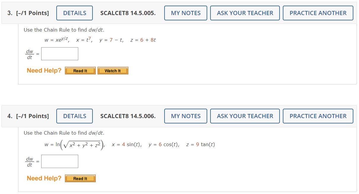 Solved /1 Points] SCALCET8 14.5.005. Use the Chain Rule to | Chegg.com