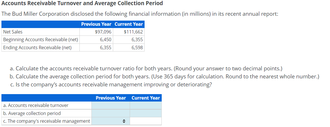 Solved Accounts Receivable Turnover and Average Collection | Chegg.com