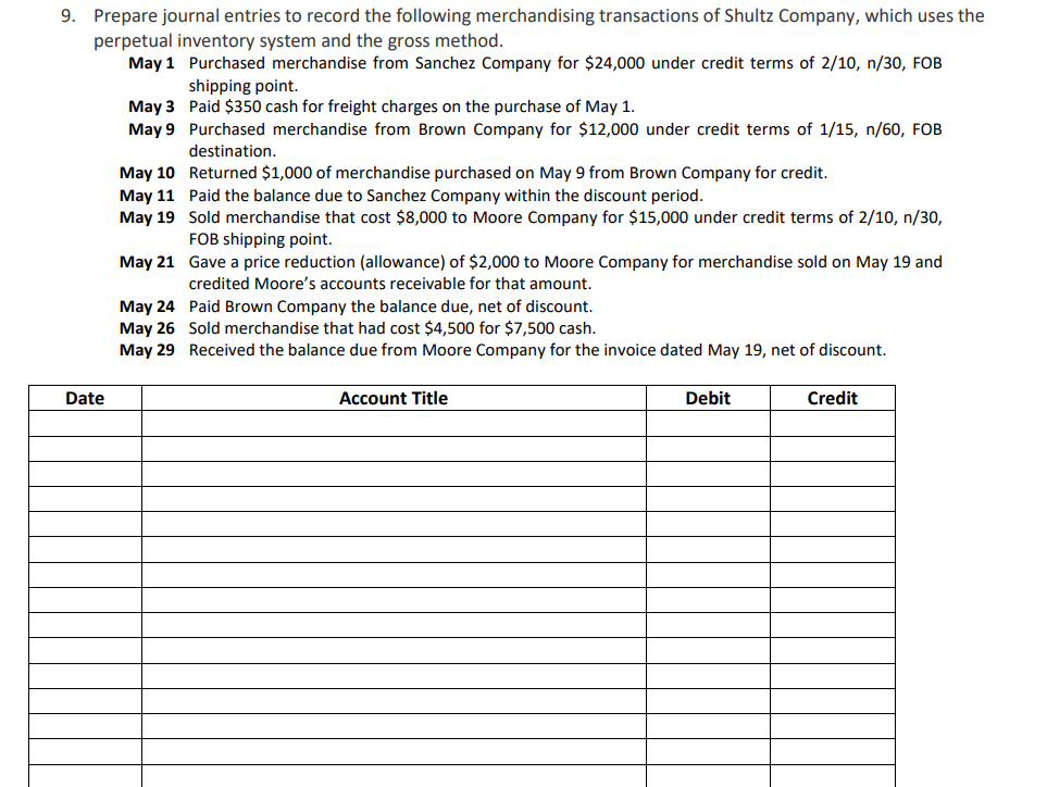 Solved 9. Prepare journal entries to record the following | Chegg.com