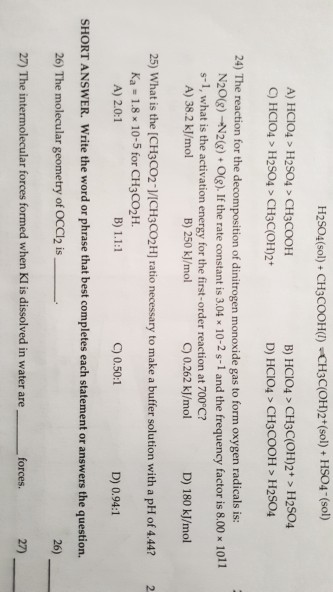 Solved H2SO4(sol)+CH3COOHO) CH3c(OH2+(sol) + HS04-(sol) A) | Chegg.com